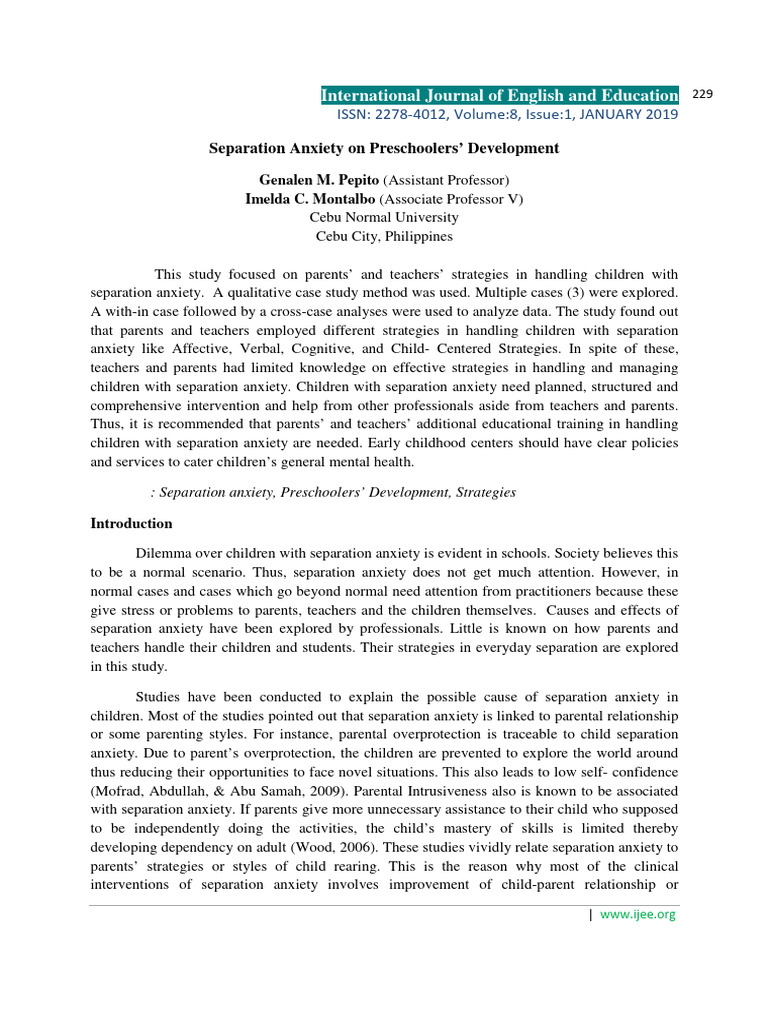 Strategies for Managing Preschool Separation Anxiety | PDF | Anxiety ...