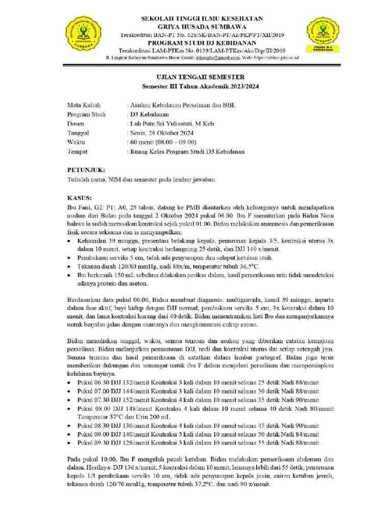 Soal UTS Askeb Persalinan BBL 24-25 | PDF