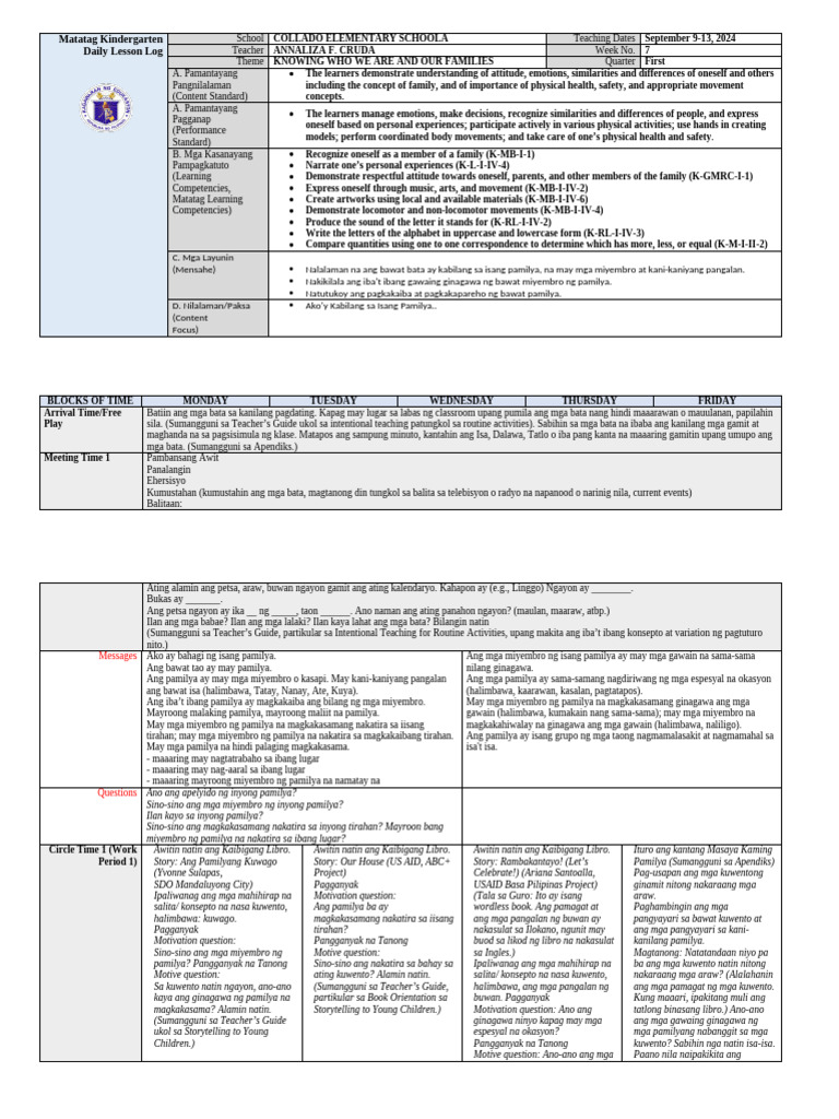 Kindergarten-DLL-MATATAG-Q1-Week 7 | PDF
