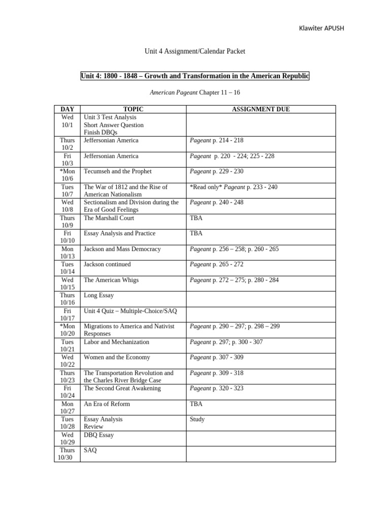 Klawiter APUSH Unit 4 Assignment Packet 14 15 | PDF | The United States ...