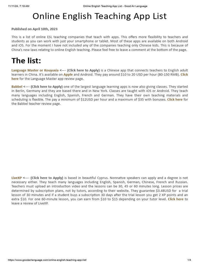 Online ESL Teaching Apps Overview | PDF | Mobile App | Mobile Phones