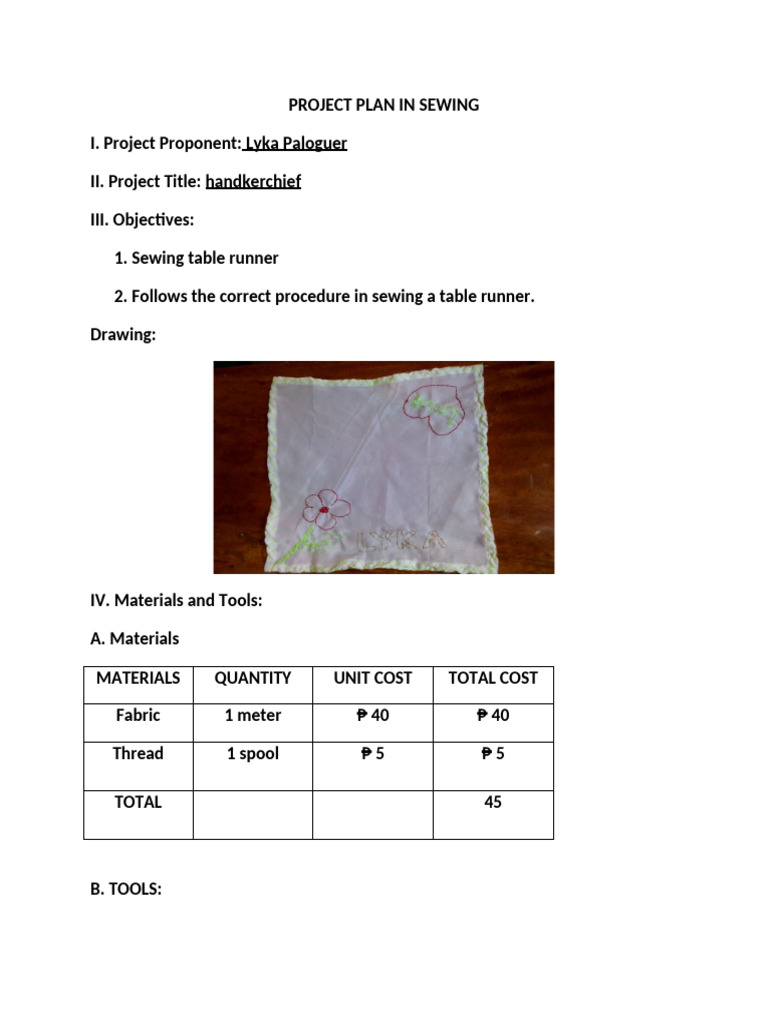 Sewing Project Plan for Handkerchief | PDF | Art