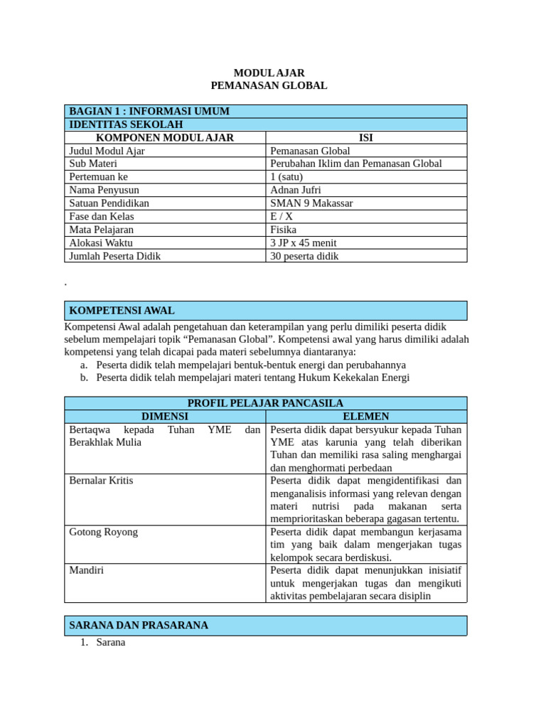 MODUL AJAR TUGAS (Pemanasan Global) PBL | PDF