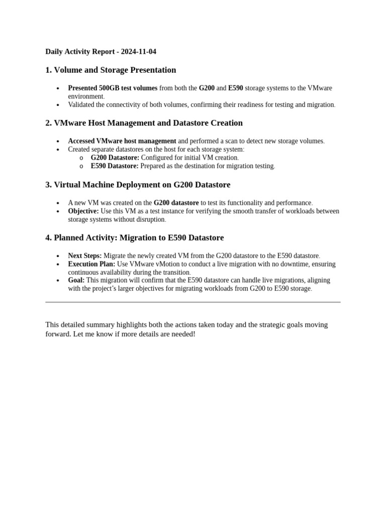 Daily Activity Report: VMware Storage Migration | PDF