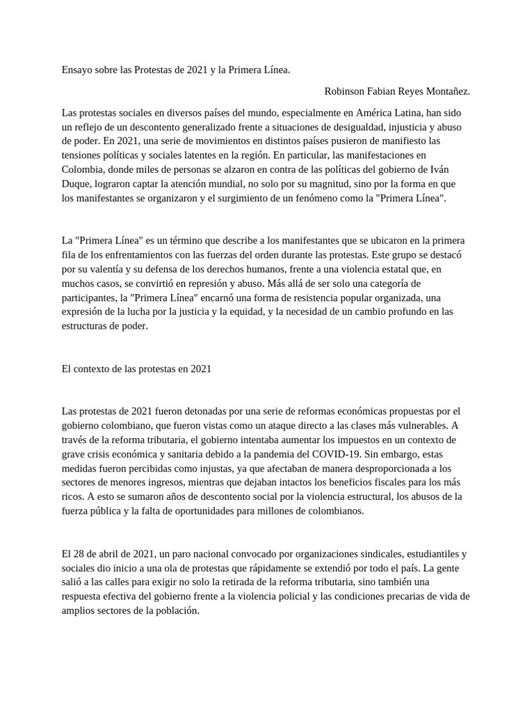 Las Protestas Del 2021 y La Primera Linea | PDF | Violencia | Derechos ...