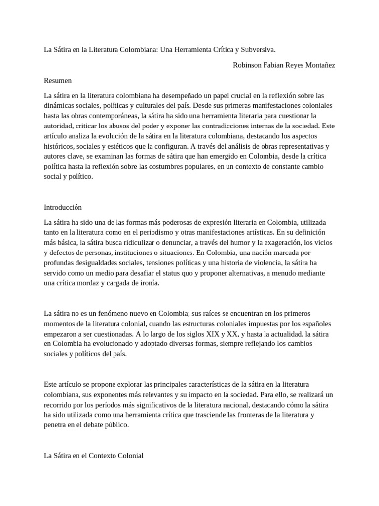 Sátira en la Literatura Colombiana | PDF | Sátira | Humor