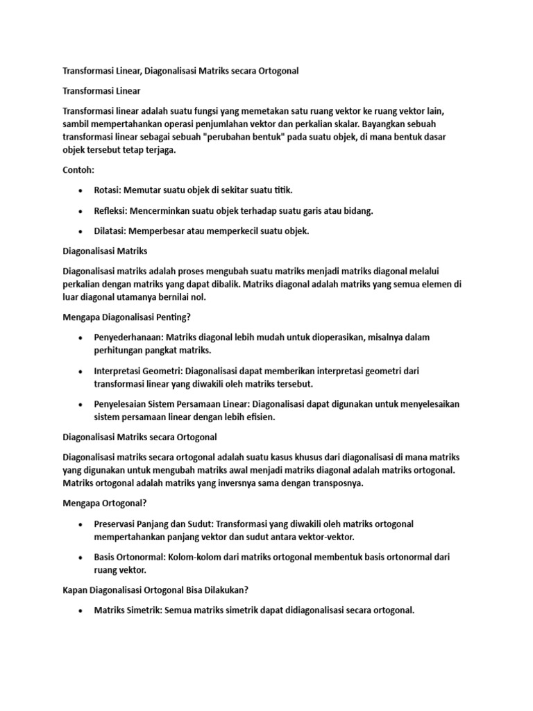 Transformasi Linear, Diagonalisasi Matriks Secara Ortogonal | PDF ...