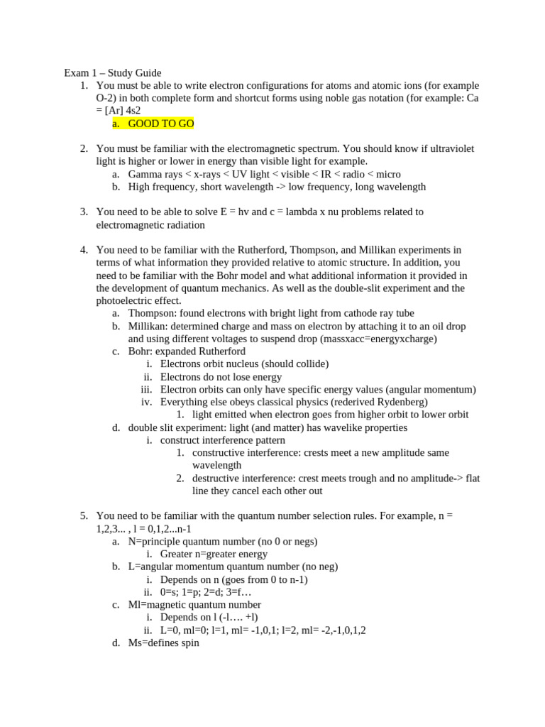 Chemistry Exam 1 Study Guide | PDF | Atoms | Electron