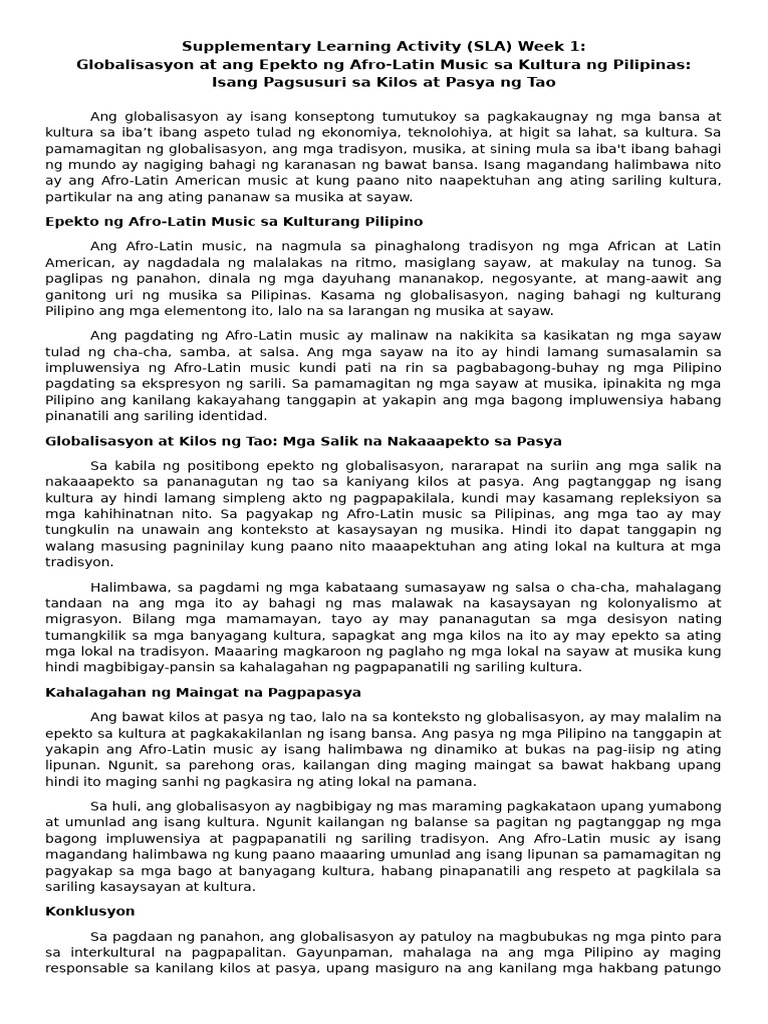 Supplementary Learning Activity AP, MAPEH, EsP, at Filipino | PDF