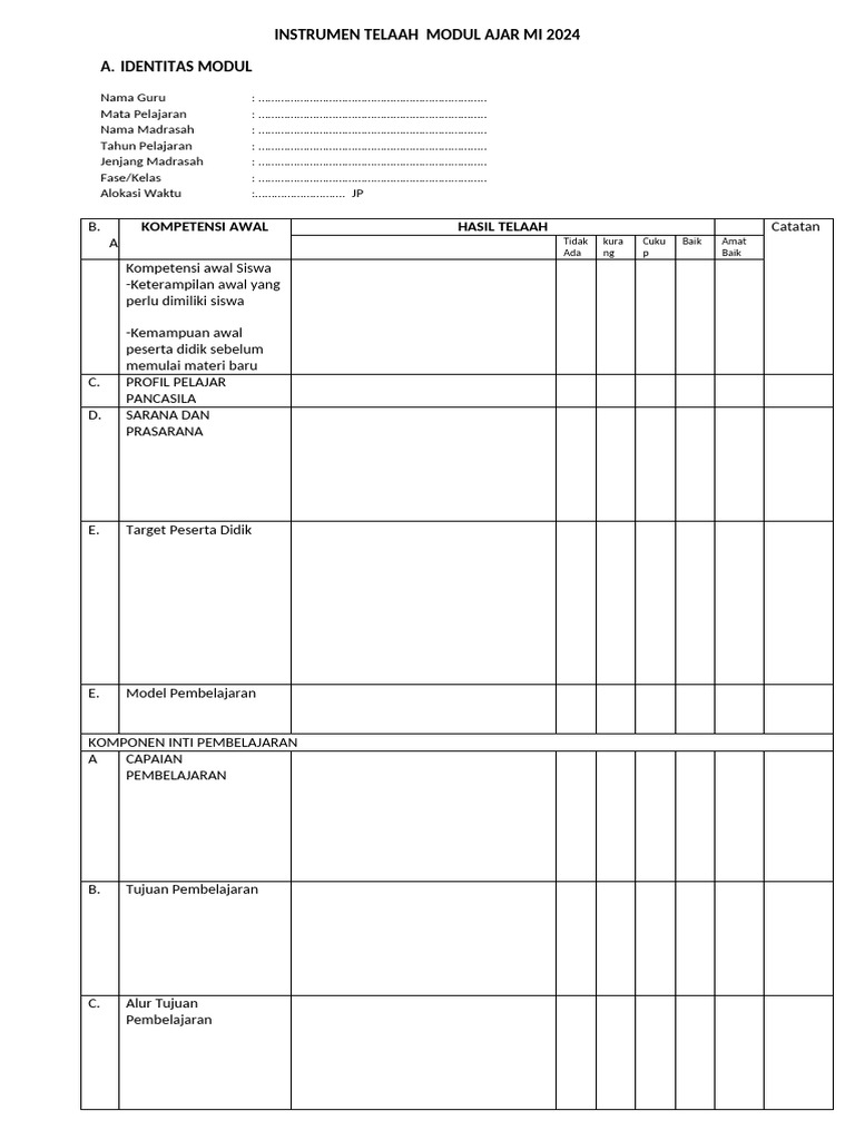 Instrumen Telaah Modul Ajar Mi 2024 | PDF