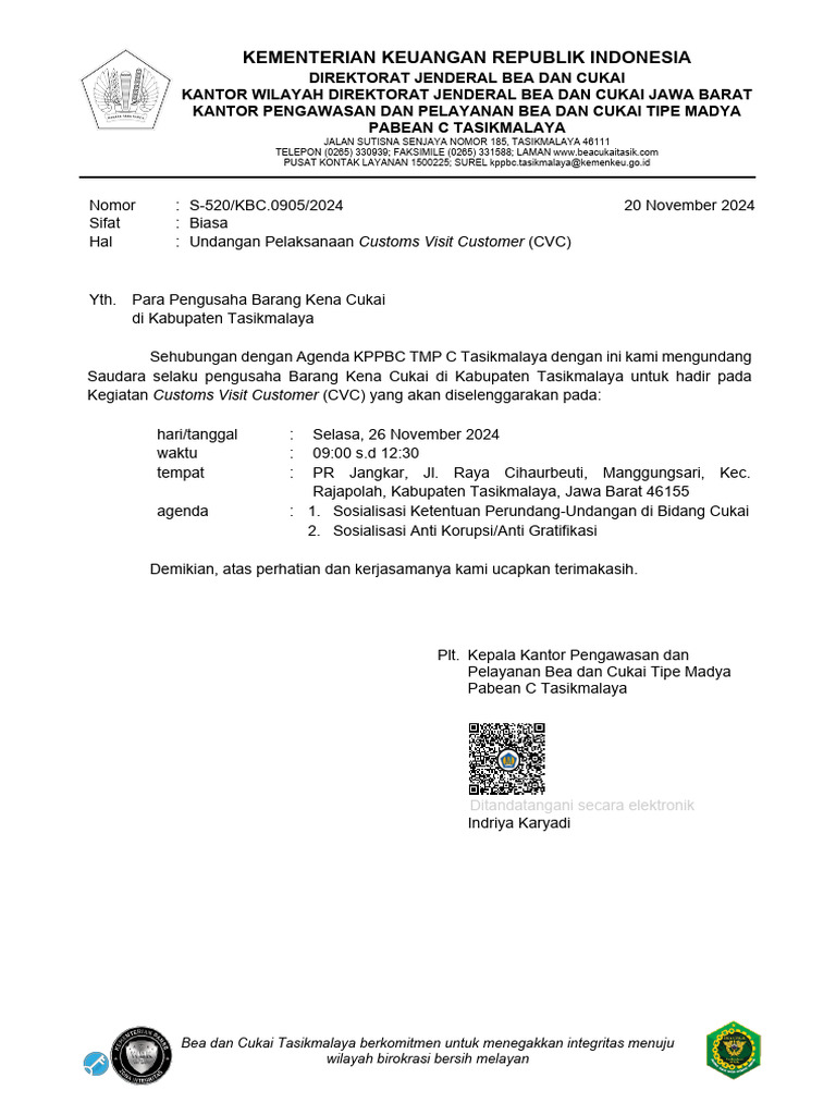 Undangan Pelaksanaan Customs Visit Customer (CVC) | PDF