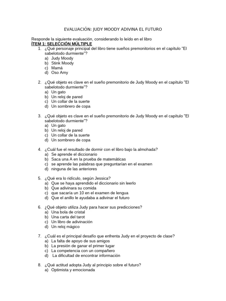 Evaluación Judy Moosy Adivina El Futuro | PDF | Juegos y actividades