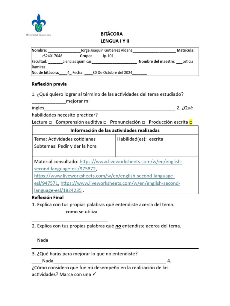Bitácora de Actividades en Inglés | PDF | Crecimiento personal y profesional