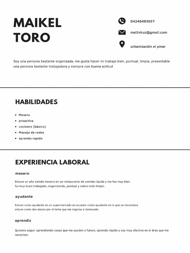 Curriculum Profesional Sin Foto Sencillo Blanco y Negro - 20241017 ...