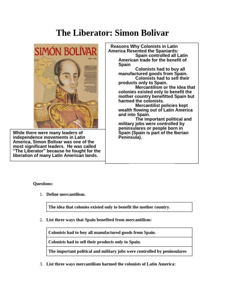 Simon Bolivar: The Liberator of Latin America | PDF | Mercantilism ...