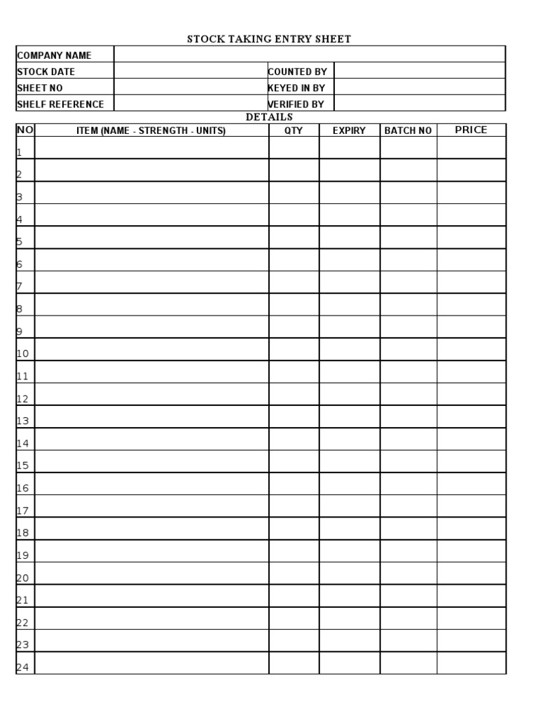 Stock Taking Entry Sheet | PDF