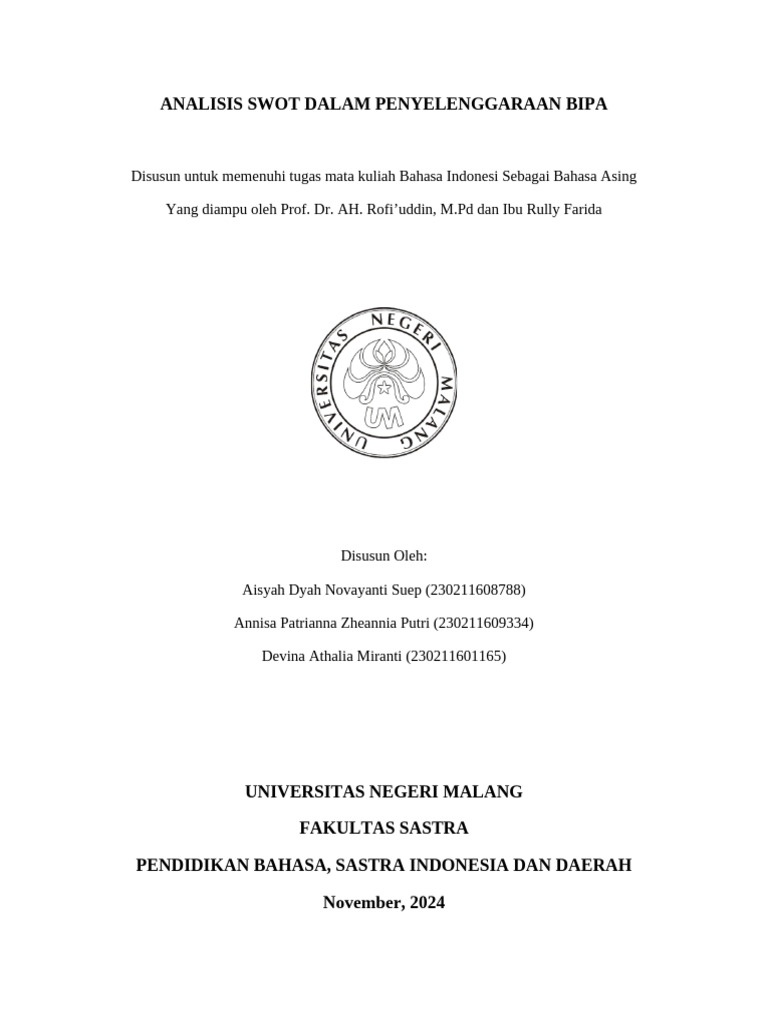 Analisis Swot Dalam Penyelenggaraan Bipa | PDF | Seni & Disiplin Bahasa