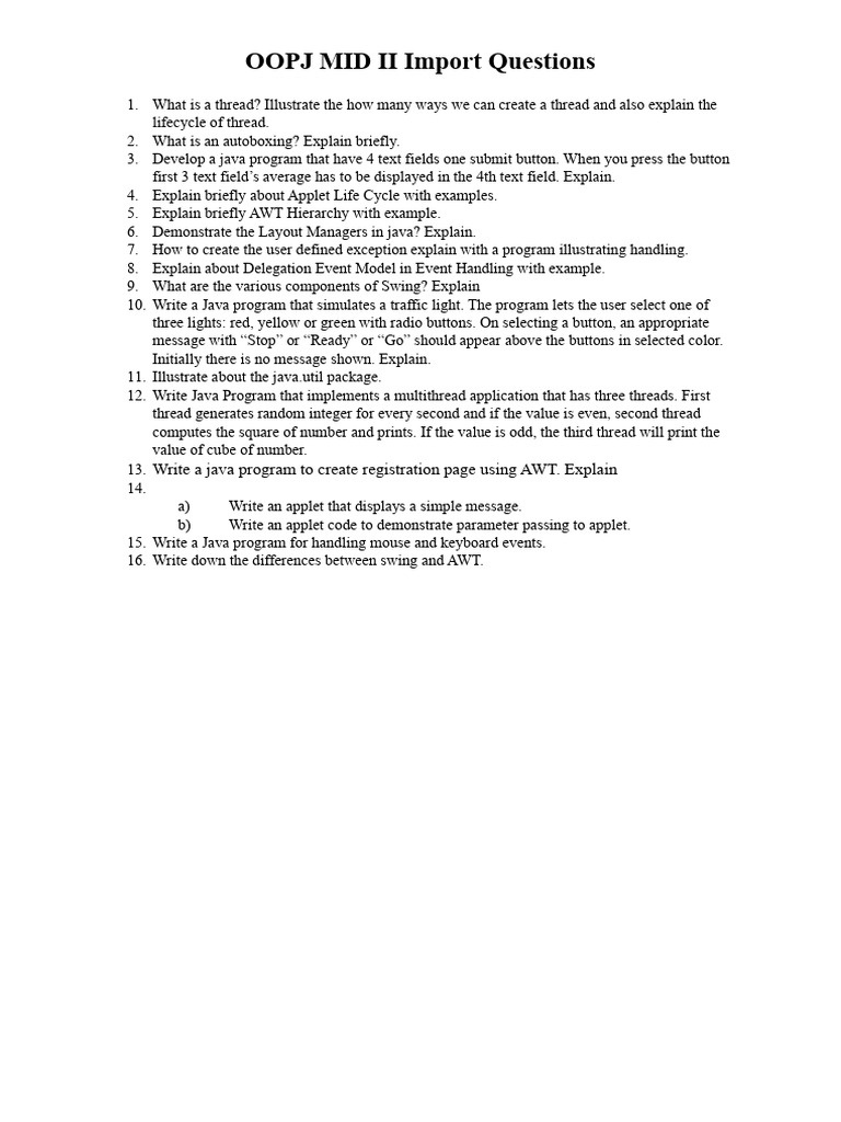 Java OOPJ MID II Import Questions Guide | PDF
