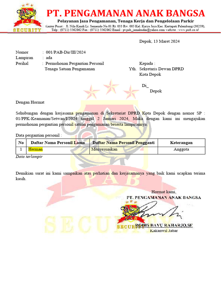 Surat Permohonan Pergantian Personil Satpam | PDF