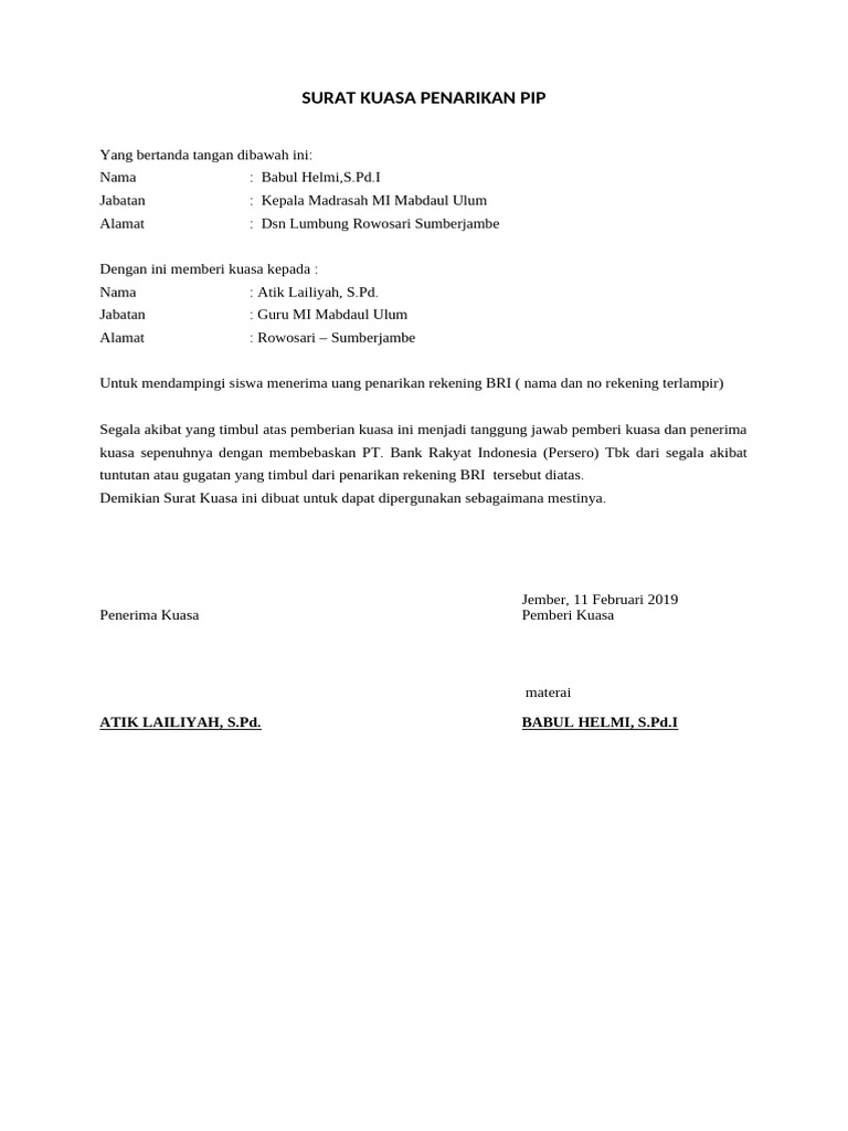 Surat Kuasa Penarikan PIP BRI | PDF