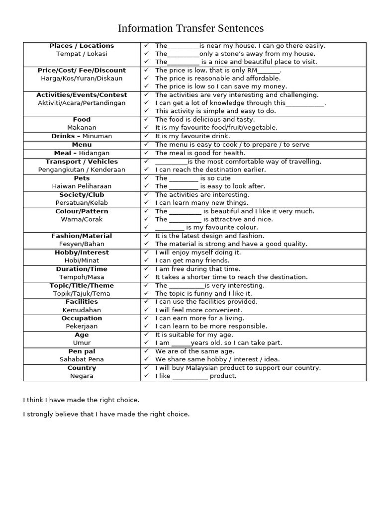 UPSR Paper 2 Section B Information Transfer Sentences | PDF