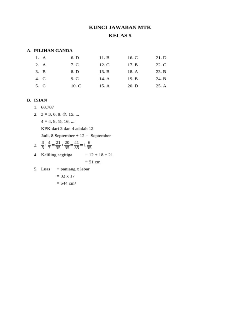 Kunci Jawaban MTK Kelas 5 Sem 1 | PDF | Metode & Bahan Ajar