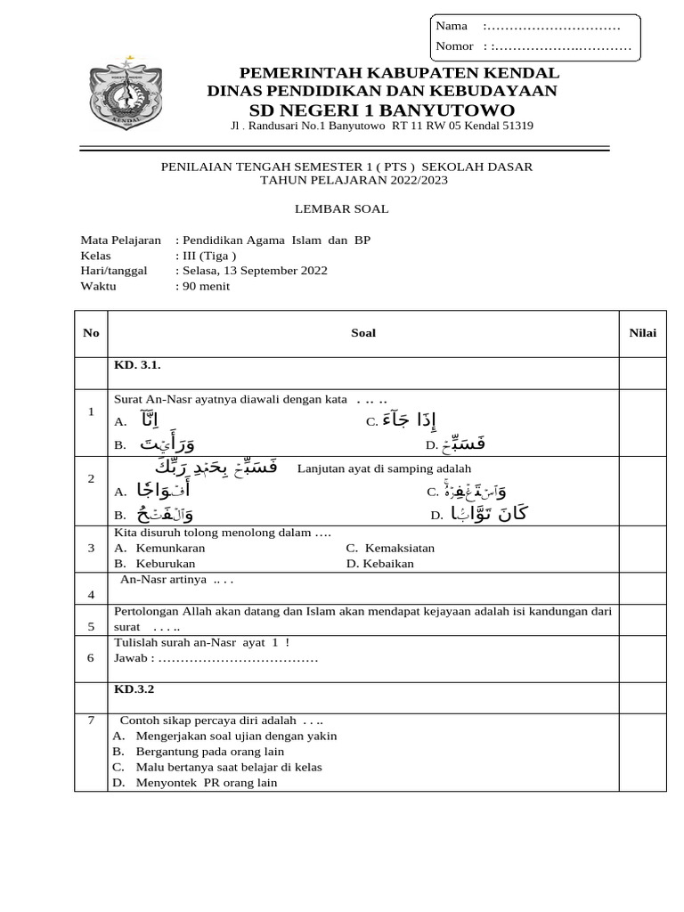 Soal PTS Pai KLS Iii | PDF