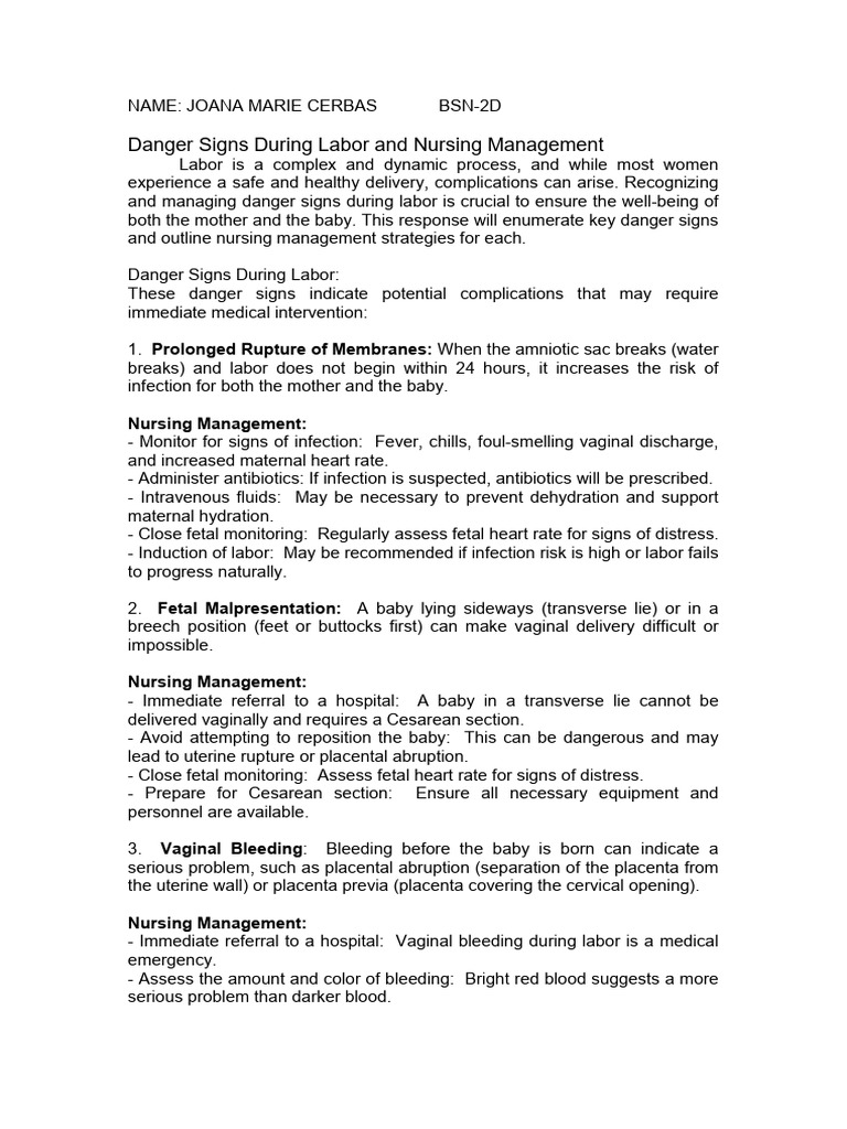 Nursing Guide: Labor Danger Signs | PDF | Childbirth | Maternal Health