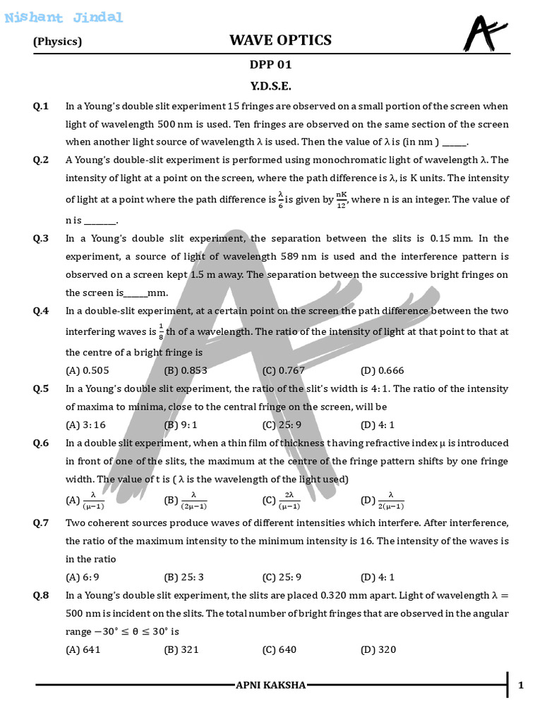 Nitin Waveoptics DPP | PDF | Wavelength | Diffraction