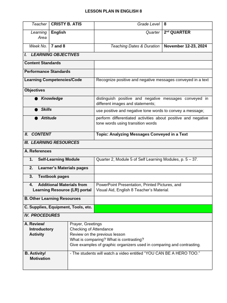 Analyzing Positive and Negative Messages | PDF | Learning | Lesson Plan