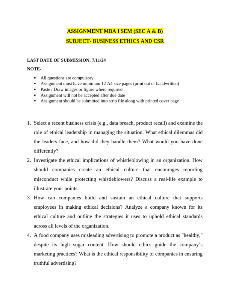 Assignment Business Ethics and CSR | PDF | Business | Finance & Money Management