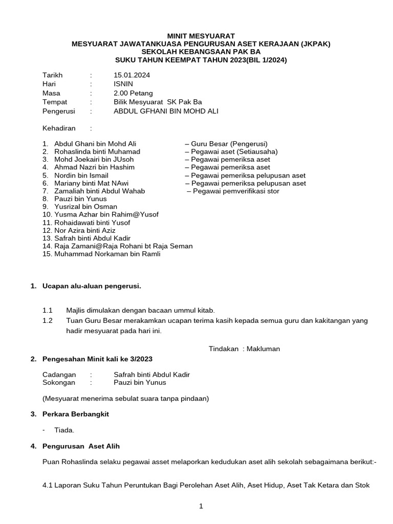 Contoh Minit Mesyuarat Jkpak Sekolah Suku Tahun Keempat Tahun 2023bil | PDF