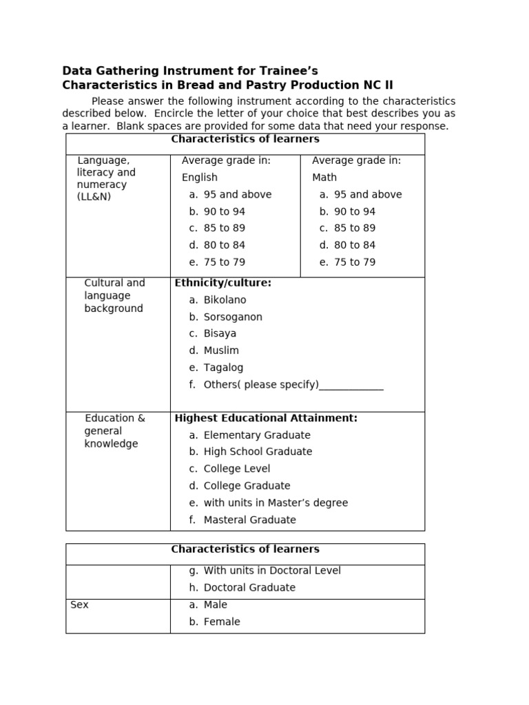 Sample Data Gathering Instrument For Trainee | PDF | Learning ...