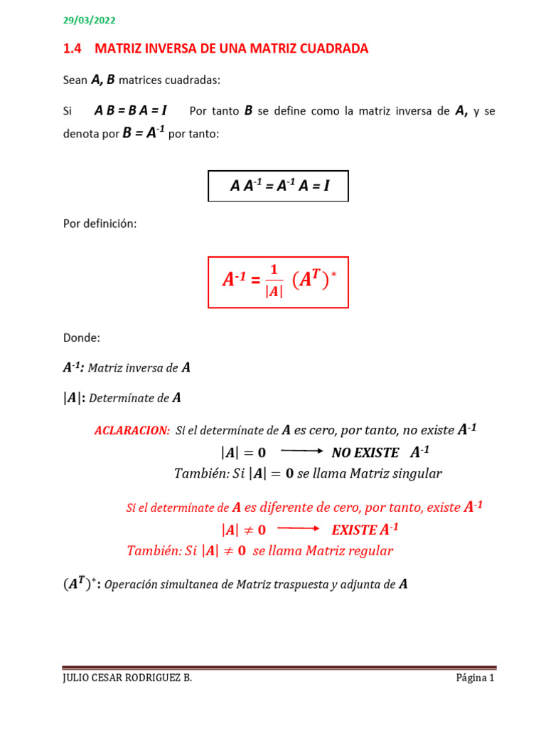 Matriz Inversa: Definición y Métodos | PDF | Matriz (Matemáticas ...