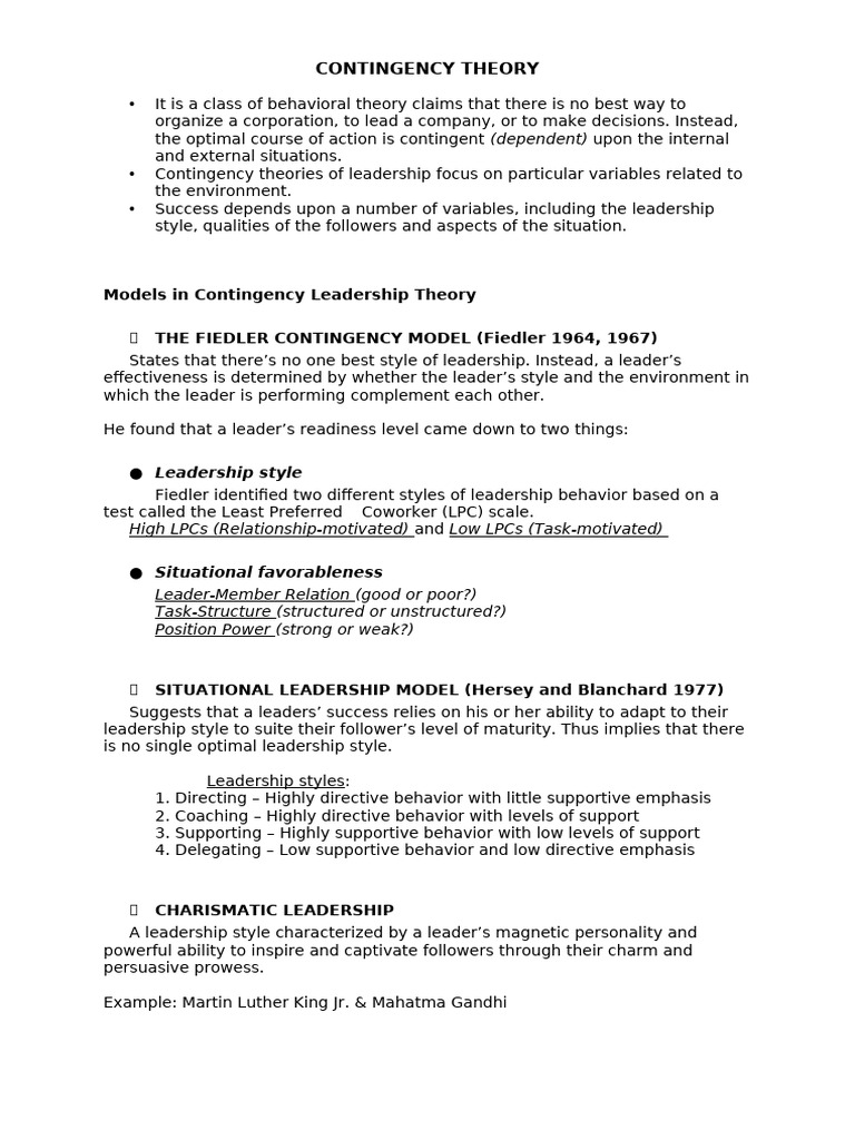 Contingency Theory | PDF | Leadership | Psychology