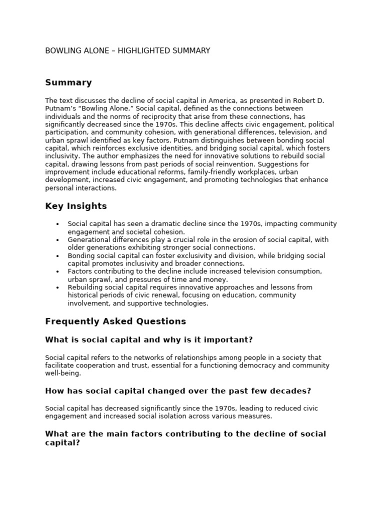 Bowling Alone - Highlighted Summary | PDF | Social Capital | Civic Engagement