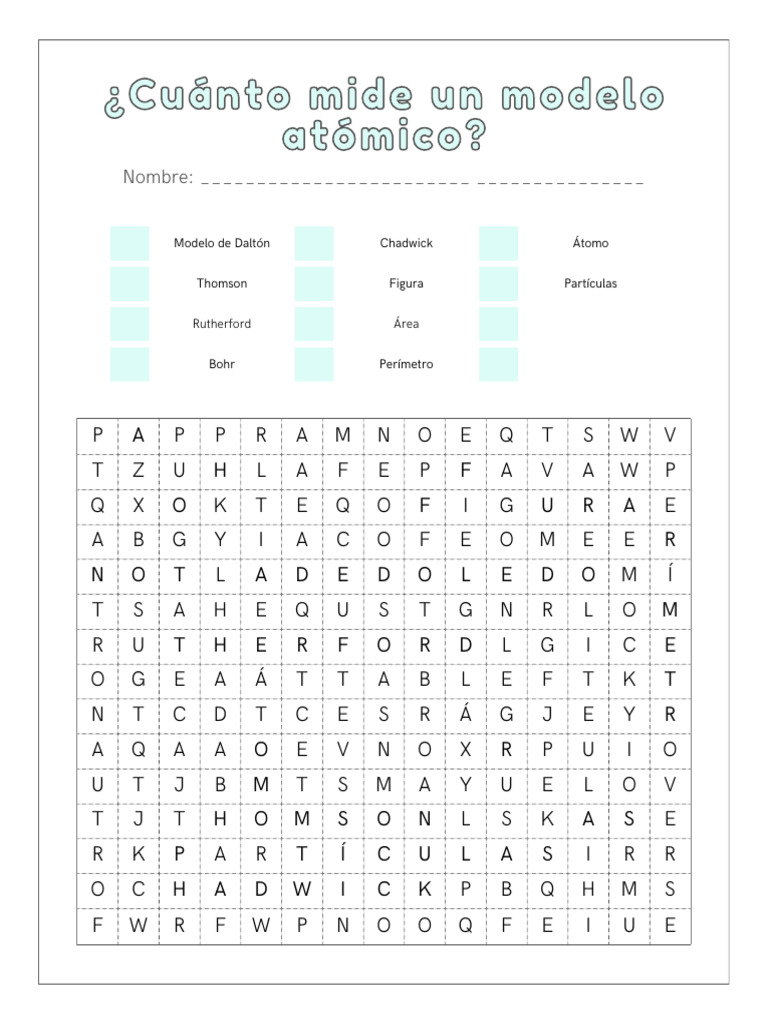 Sopa de Letras - ¿Cuánto Mide Un Modelo Atómico? | PDF