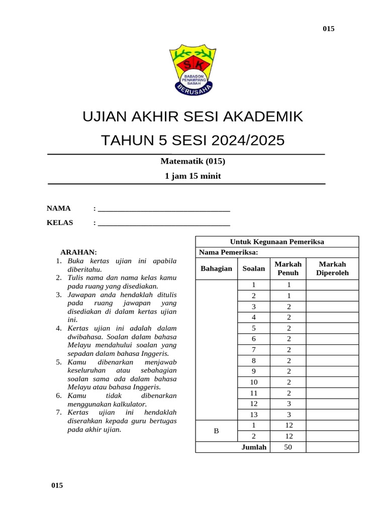 Soalan MT Tahun 5 | PDF