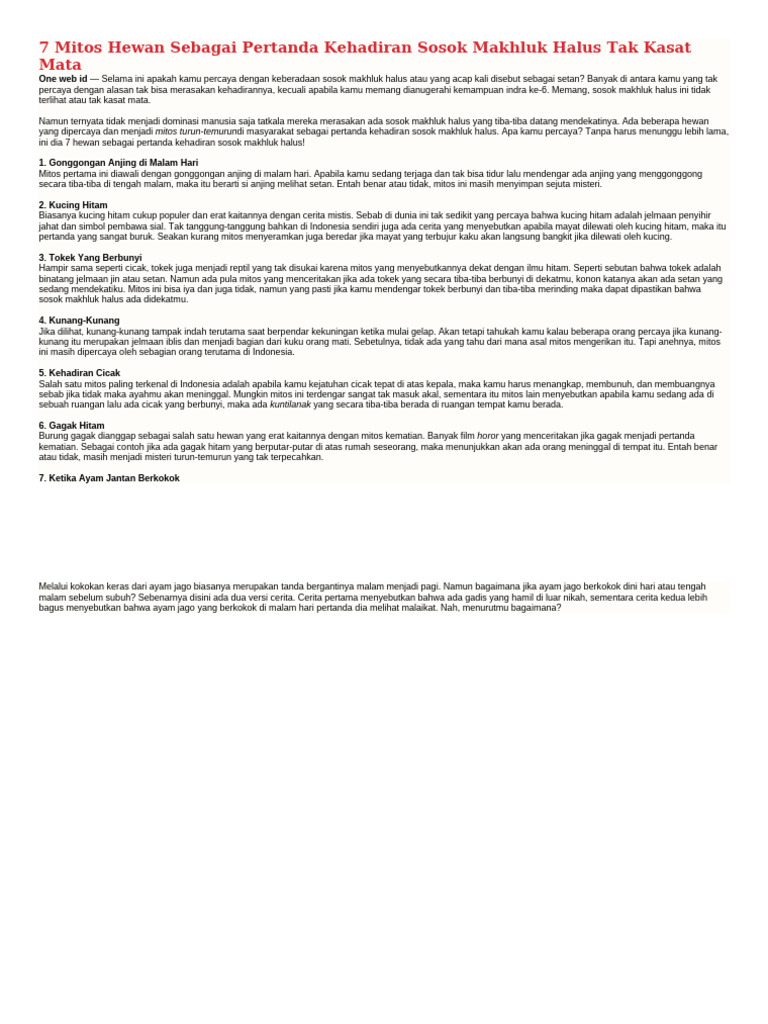 7 Mitos Hewan Sebagai Pertanda Kehadiran Sosok Makhluk Halus Tak Kasat ...