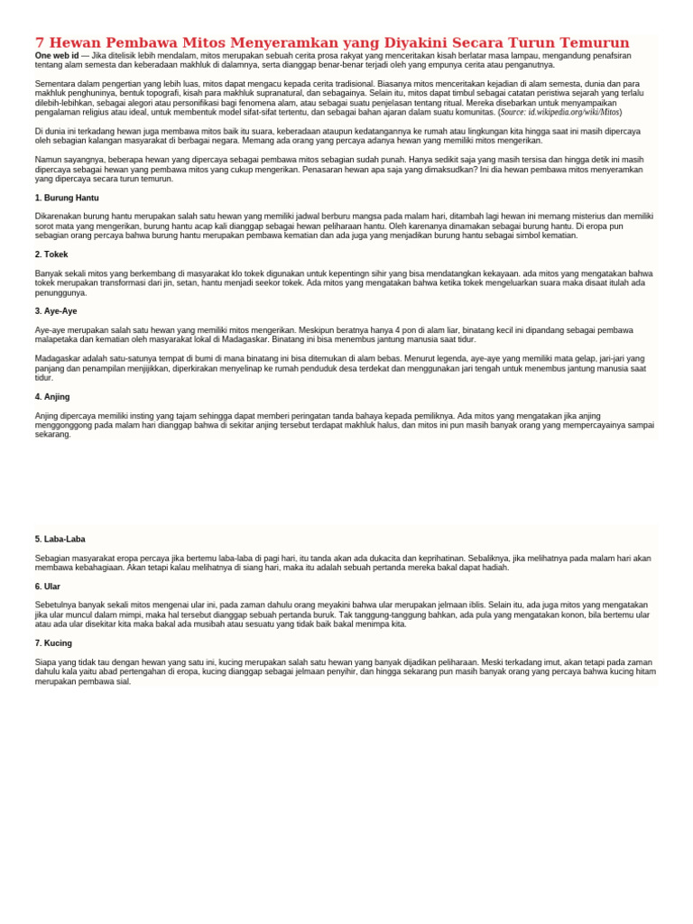 7 Hewan Pembawa Mitos Menyeramkan Yang Diyakini Secara Turun Temurun | PDF