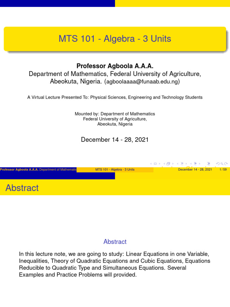 2021 2022 MTS 101 Virtual Lecture Note | PDF | Equations | Algebra