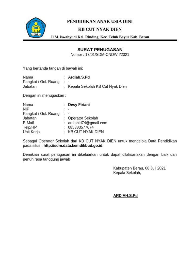 Contoh Surat Penugasan Operator Sekolah Di SDM - PDSP 2014 | PDF