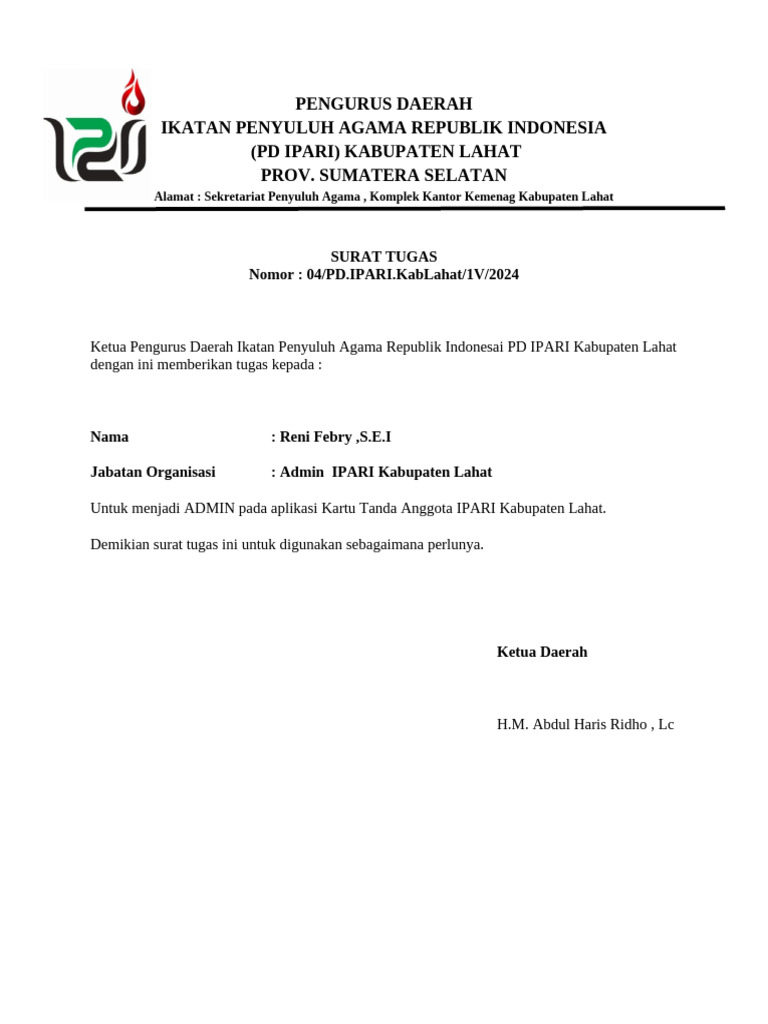 Surat Tugas Admin Ipari | PDF