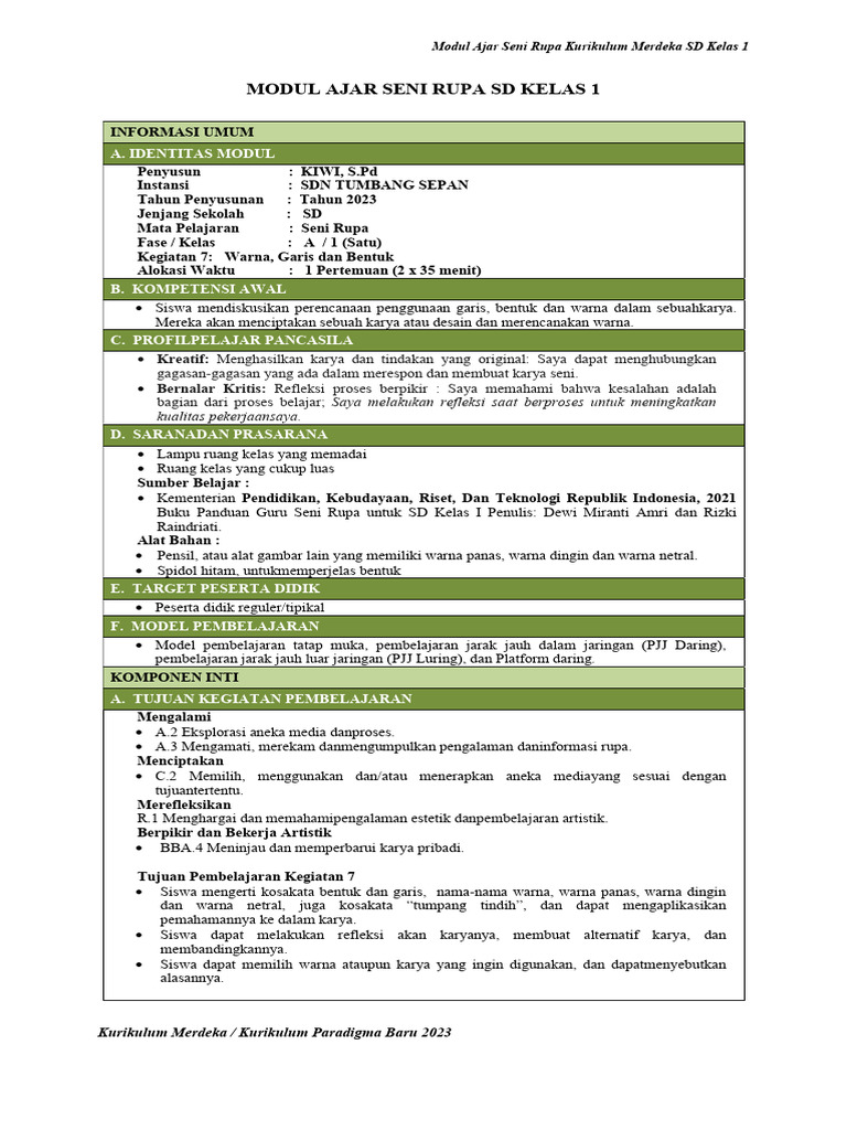 Keg 7 - Seni Rupa Kls 1 | PDF