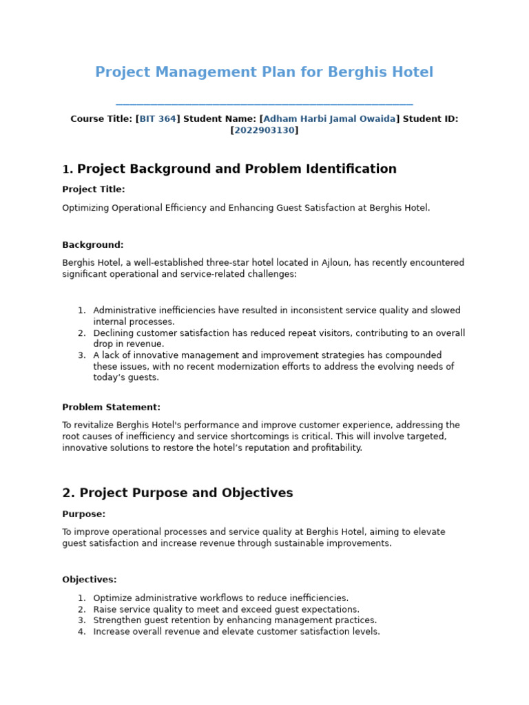 Berghis Hotel Project Management Plan | PDF | Project Management | Business