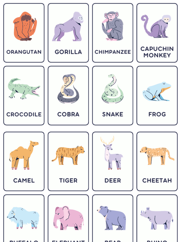 White Pastel Colors Wild Animals Flashcards | PDF