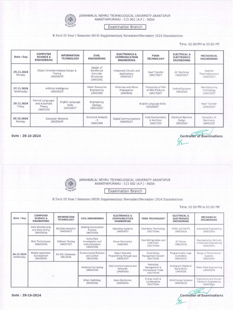 Timetable For B.tech III I R19 Supple Nov Dec 2024 Exams | PDF