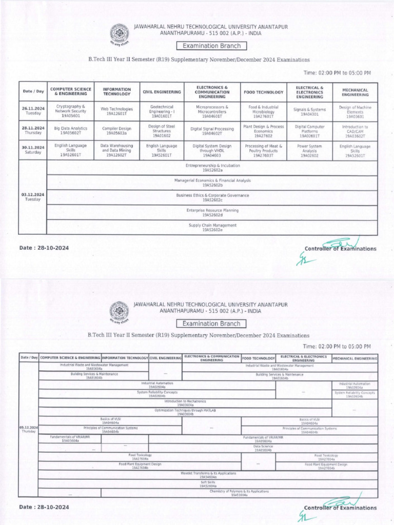 Timetable For B.tech III II R19 Supple Nov Dec 2024 Exams | PDF
