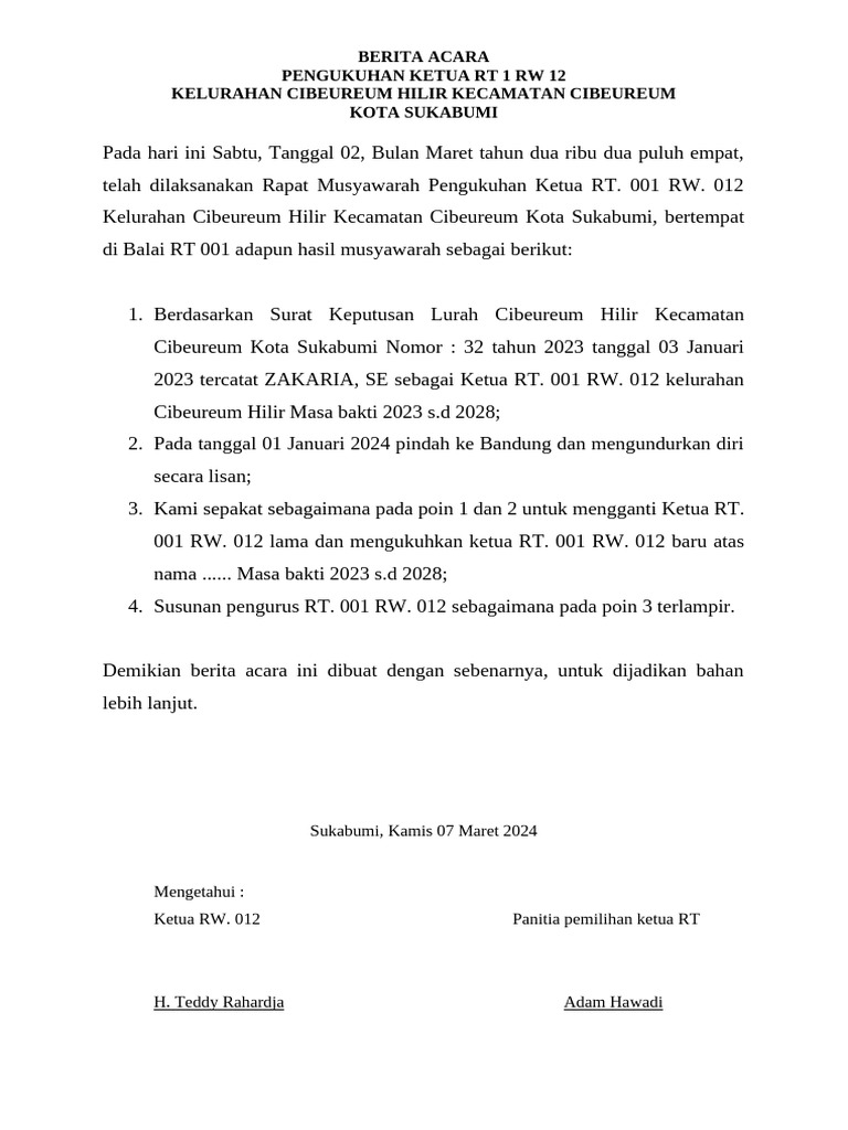 Berita Acara Pengukuhan RT | PDF