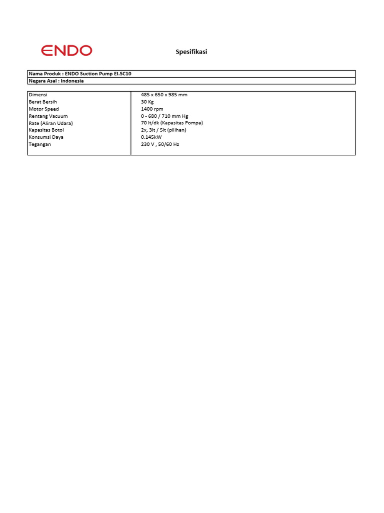 Spesifikasi ENDO Suction Pump EI - SC10 | PDF